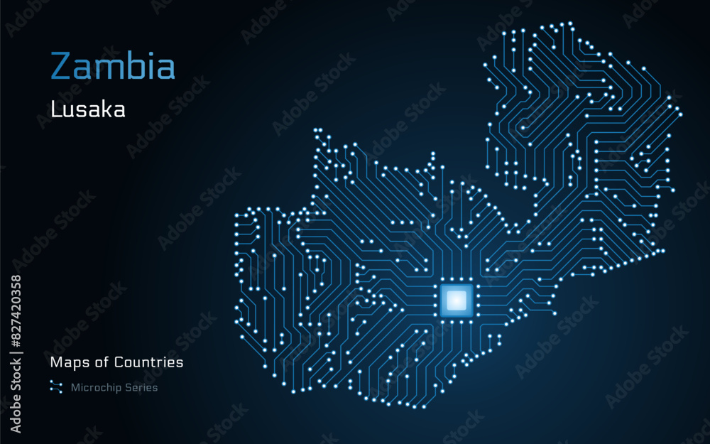 Zambia Map with a capital of Lusaka Shown in a Microchip Pattern. E ...