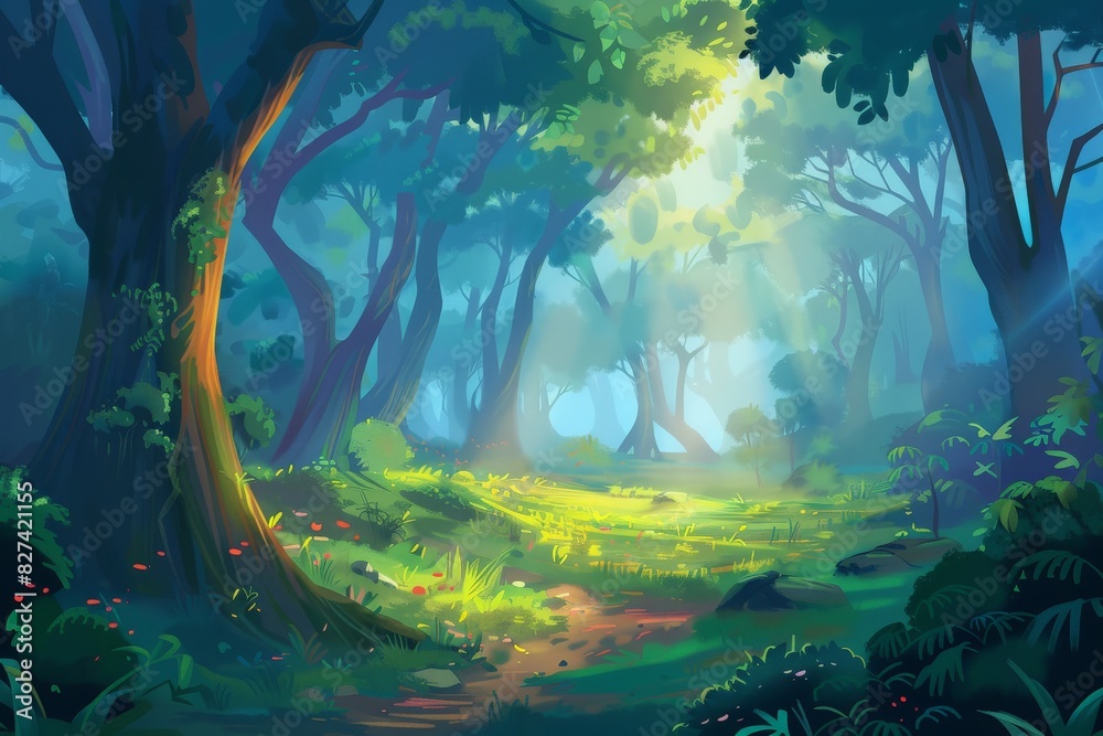 Illustration of A fantasy high-tech forest with glowing pathways ...