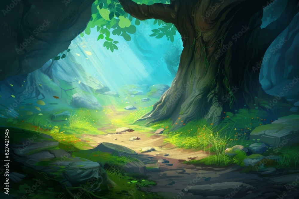 Illustration of A fantasy high-tech forest with glowing pathways ...