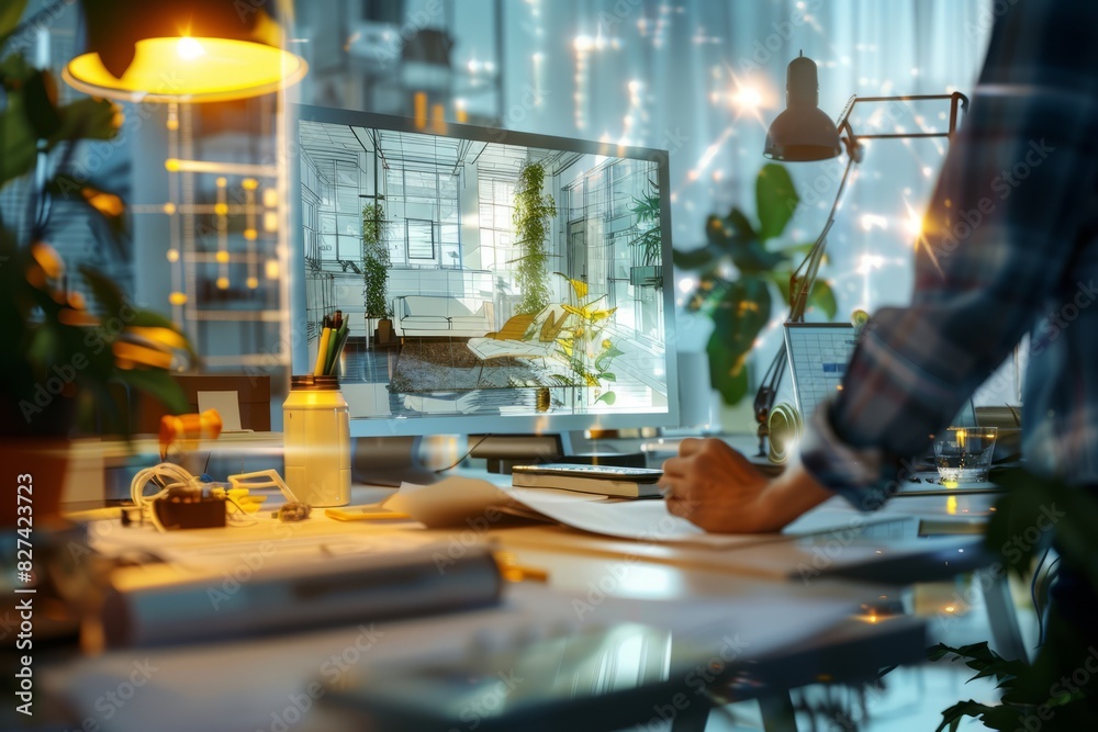 Interior designer with 3D modeling software, in design studio, room ...