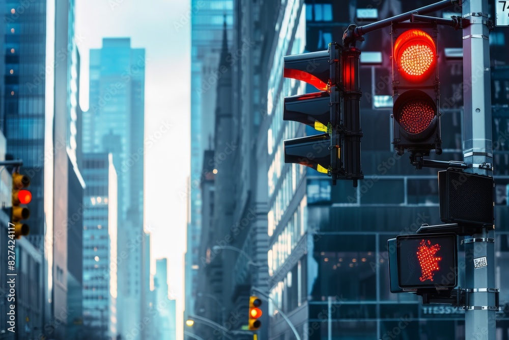 A red traffic light hangs from a pole with a background of tall, modern ...