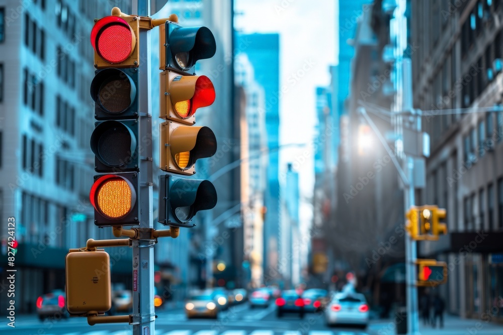 A red traffic light hangs from a pole with a background of tall, modern ...