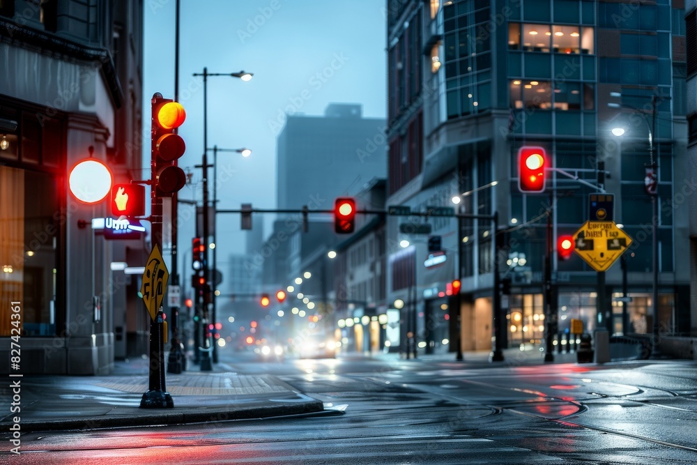 A red traffic light hangs from a pole with a background of tall, modern ...