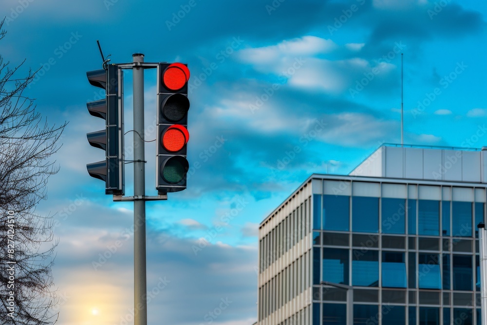A red traffic light hangs from a pole with a background of tall, modern ...
