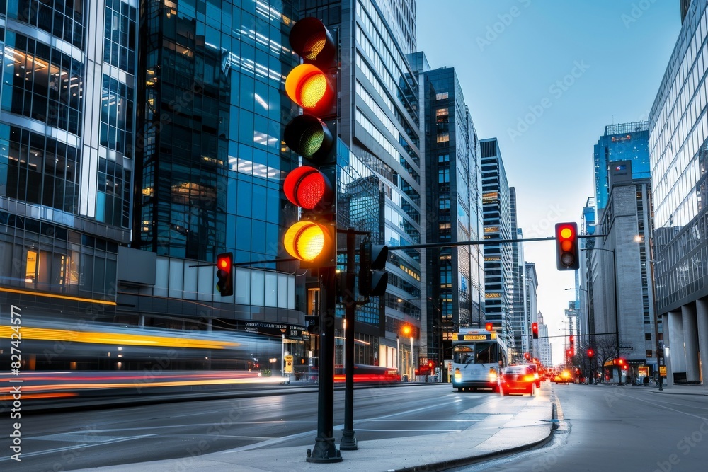 A red traffic light hangs from a pole with a background of tall, modern ...
