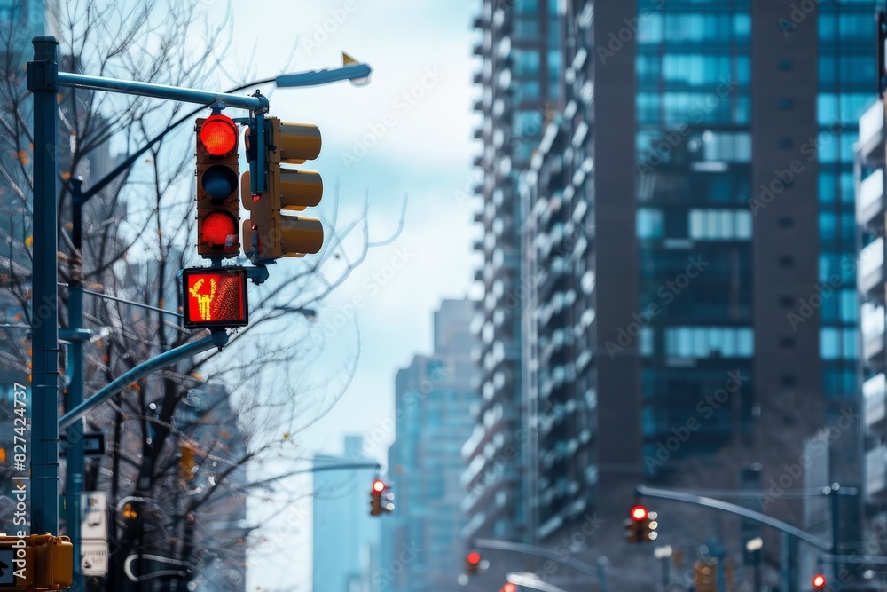 A red traffic light hangs from a pole with a background of tall, modern ...