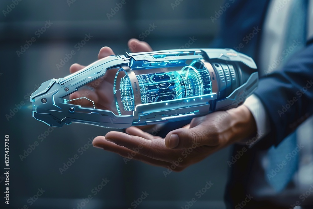 Businessman holding a futuristic construction device, symbolizing the ...