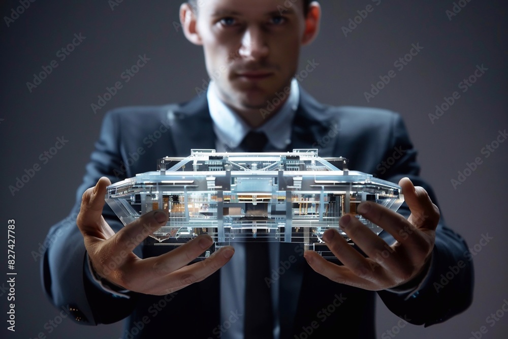 Businessman holding a futuristic construction device, symbolizing the ...