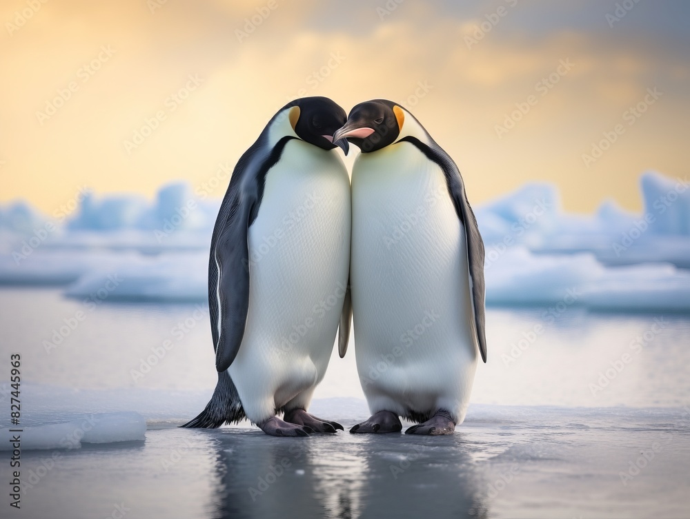 Romantic emperor penguins standing close on icy surface, touching heads ...