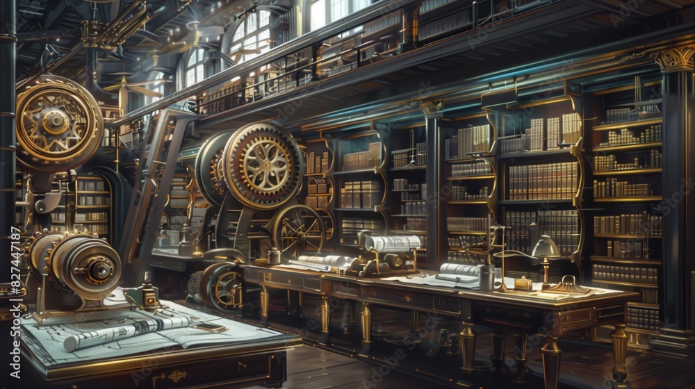 A university archive filled with steampunk machinery, brass gears, and ...