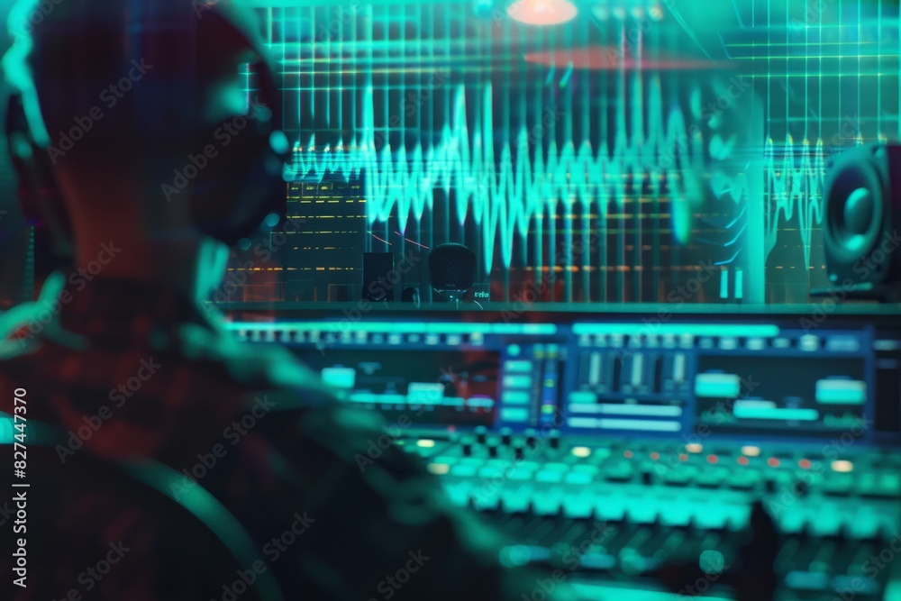 Futuristic Concept: Music producer in a digital mixing room, in ...