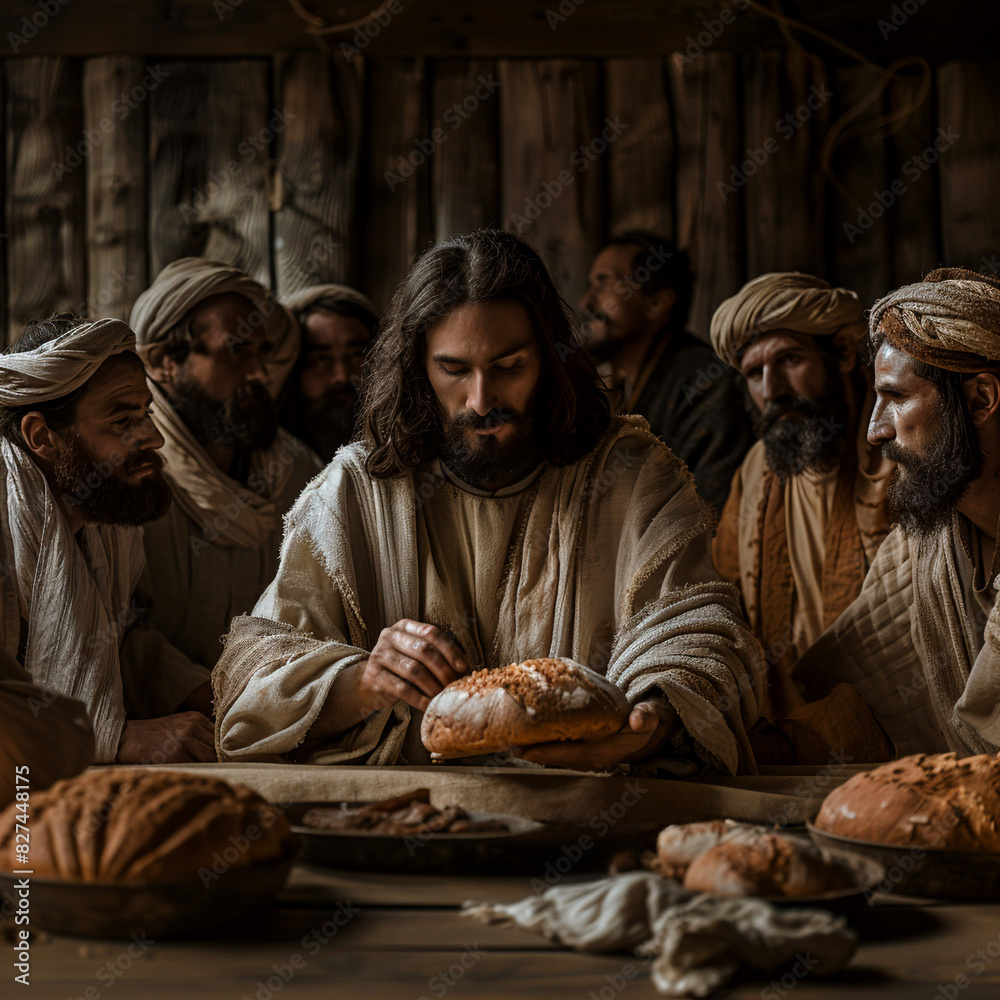 Christ blesses the bread. Jesus with the apostles and disciples at the ...