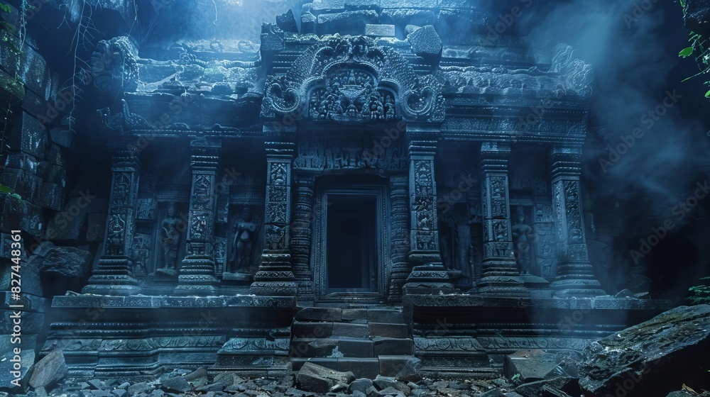 An ancient subterranean temple with detailed carvings and statues ...