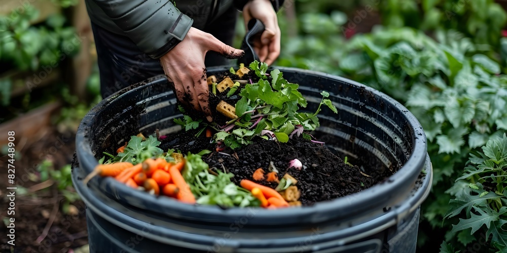 Person composting food waste in backyard compost bin for sustainability ...