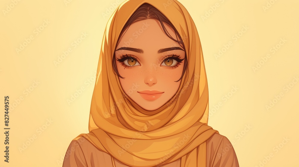 2d cartoon style portrait of a young Arab girl in traditional hijab ...