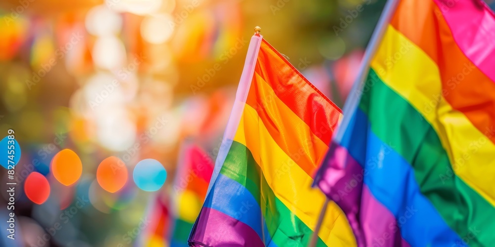 Colorful LGBTQ pride flags wave vibrantly at an outdoor celebration ...