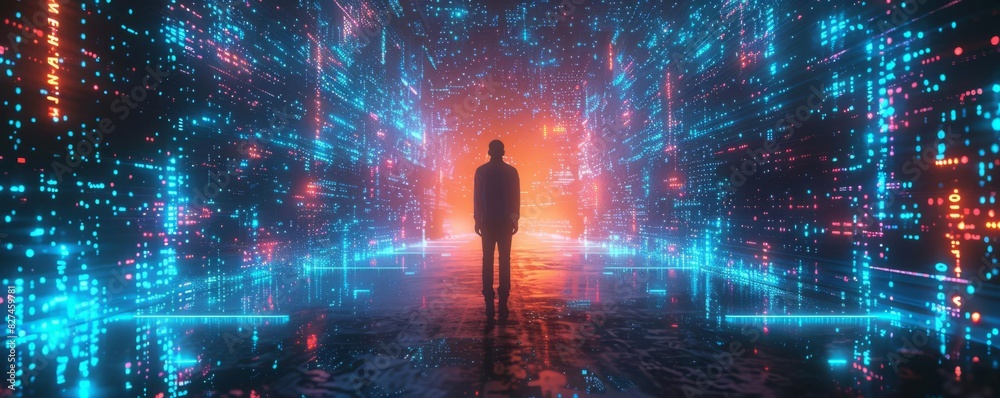 Silhouette of person standing in a futuristic digital corridor with ...