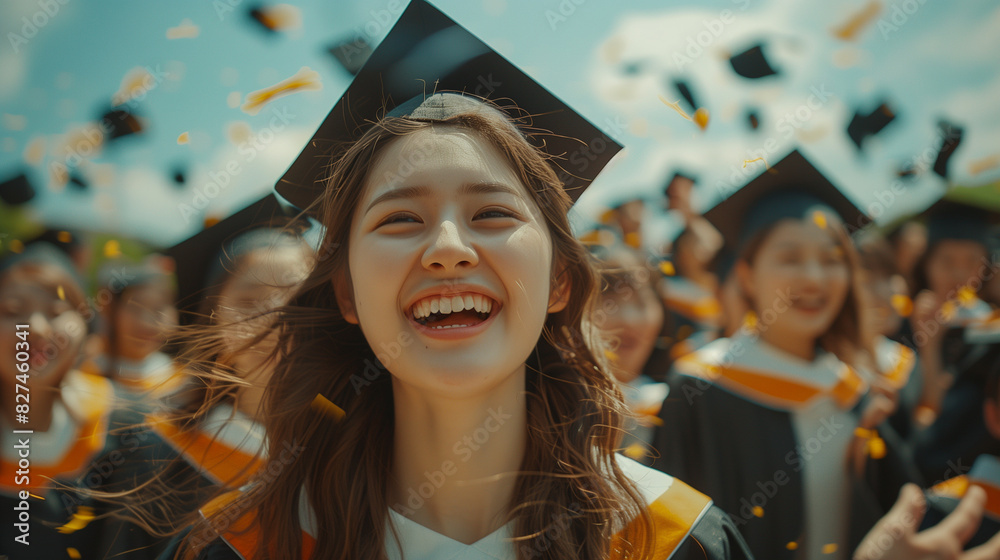 Happy graduating college student in cap and gown celebrating her ...