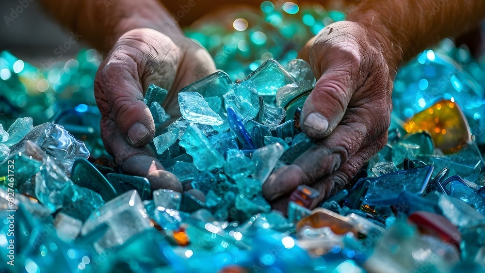 Glass recycling workshop sorting broken glass by color with safety ...