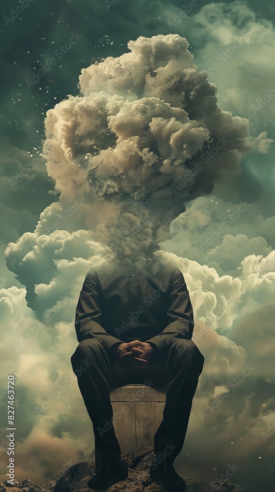 Surreal digital art of a person sitting with a cloud in place of their ...