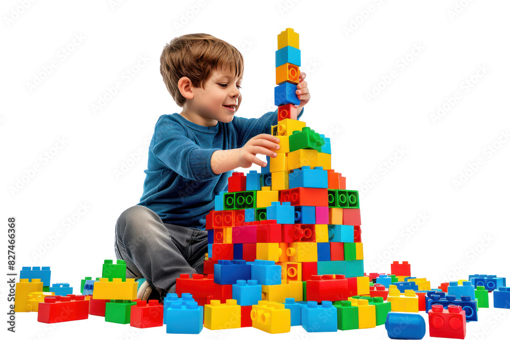 A creative boy with a pile of building blocks, constructing a towering ...