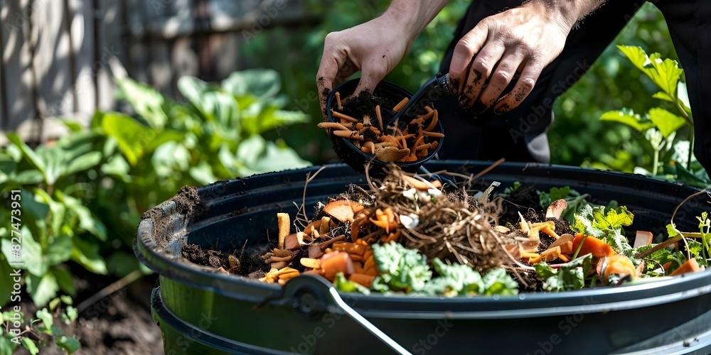 Someone composting food waste in a backyard compost bin for gardening ...