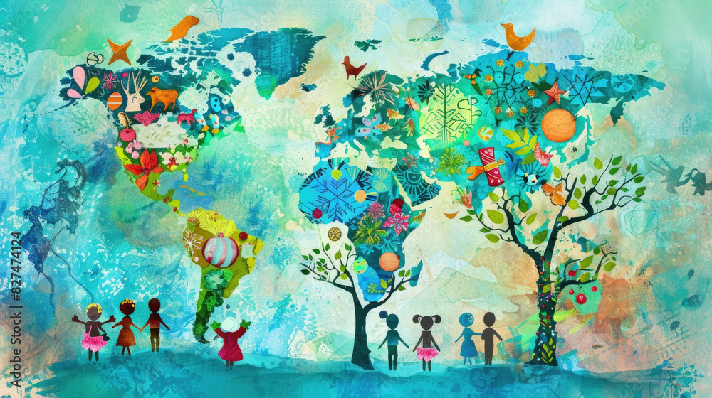 A painting showing diverse people from around the world holding hands ...