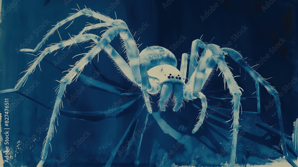 cyanotype of an oversized tarantula spider with white fangs and long ...
