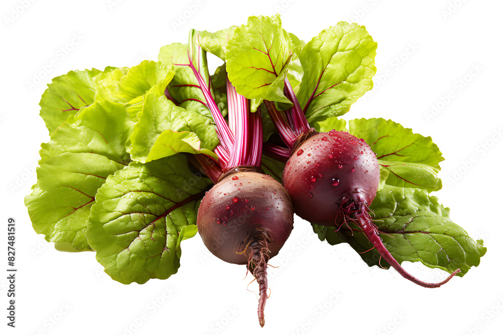 Red Beetroot has roots. Fresh beet with green leaves Isolated on cut ...