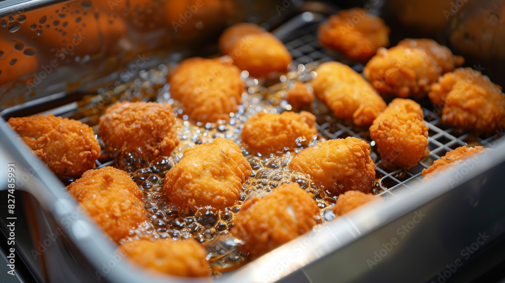 The process of preparing deep-fried nuggets. Close-up of golden nuggets ...