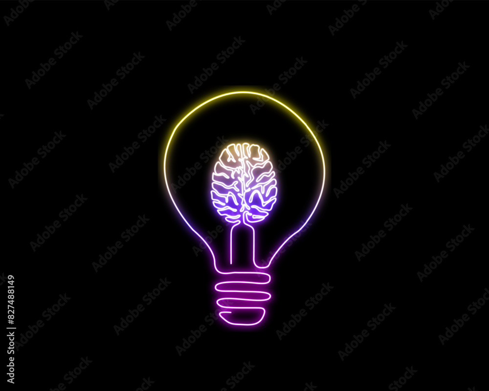 Neon light glow brain line art. Continuous one line drawing of human ...