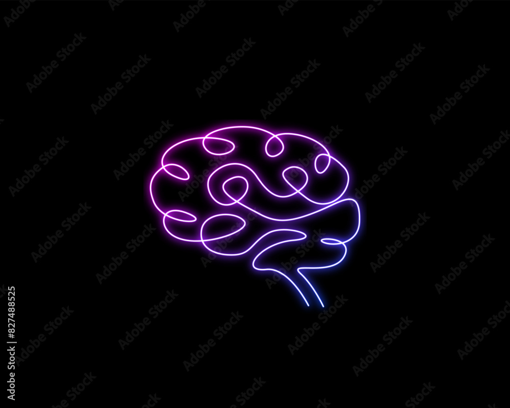 Neon light glow brain line art. Continuous one line drawing of human ...