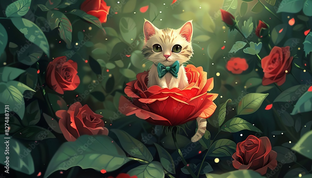 A charming illustration of a tiny cartoon cat sitting on top of a large ...