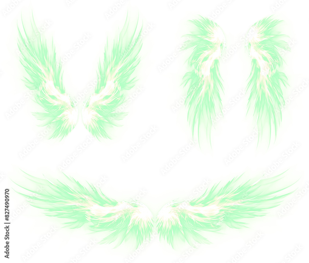 set of bright glowing green angel wings. In various styles. Wings ...