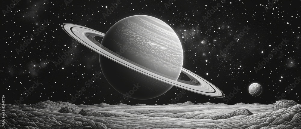 Featuring a vintage woodcut stipple engraving of a planet in the Cosmos ...