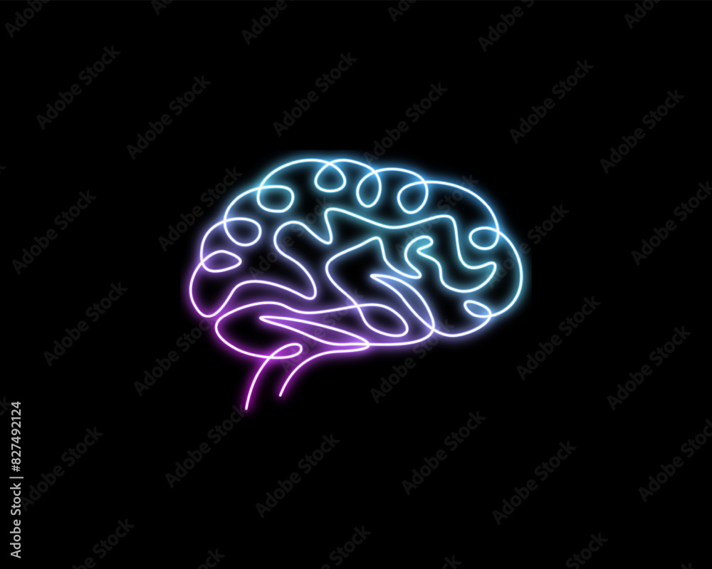 Neon light glow brain line art. Continuous one line drawing of human ...