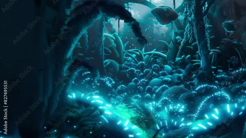 An animation depicting a dense alien forest with bioluminescent plants ...