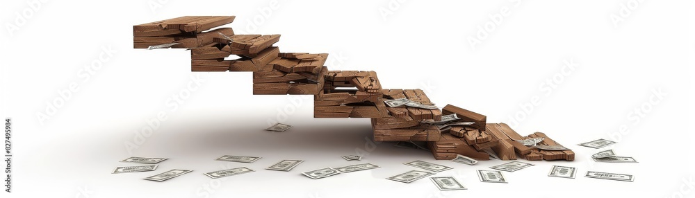Wooden stairs with collapsing steps, broken dollar signs scattered ...