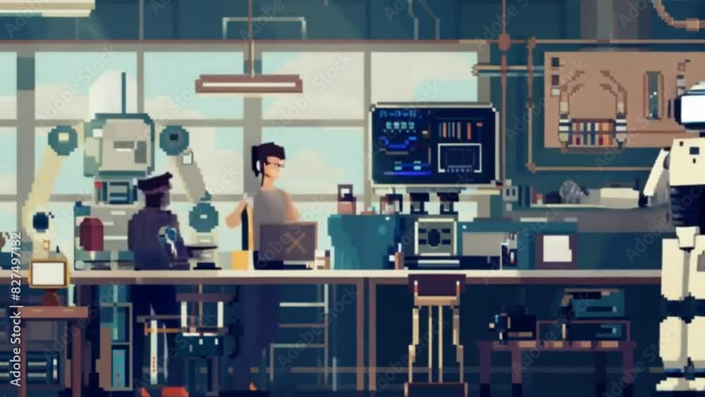 An animation depicting a robotics workshop with engineers building and ...