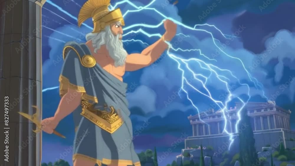 An animation depicting a scene from Greek mythology, such as Zeus throwing lightning bolts ...