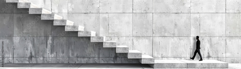 Minimalist concrete stairs with steps ascending, gold coins on each ...