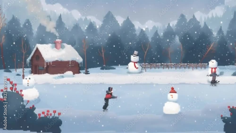 An animation depicting a snowy winter scene with pixel art of snowmen ...