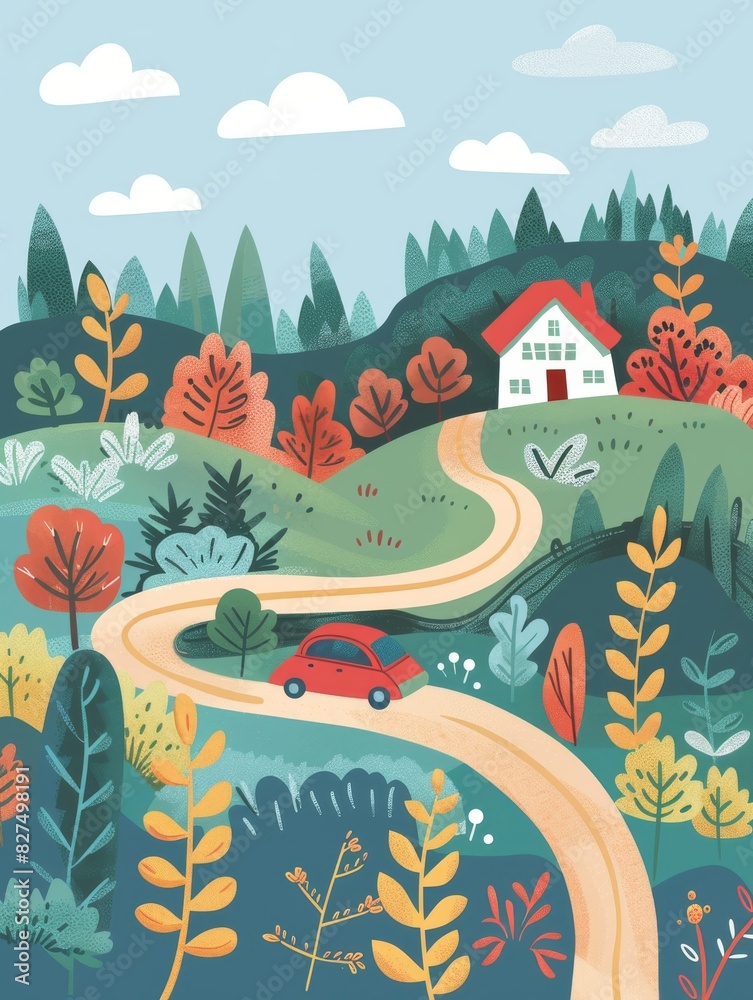 evening landscape flat design, top view, nature theme, cartoon drawing ...