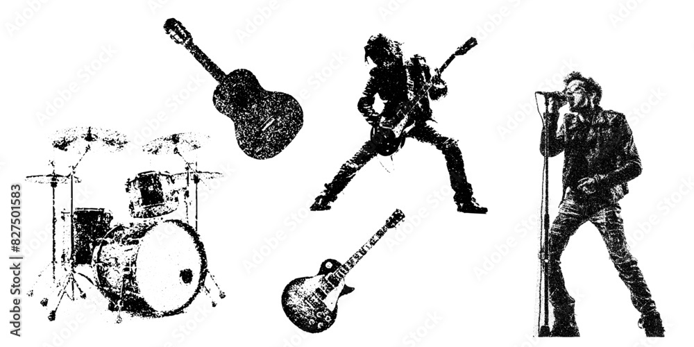 monochrome vector rockstar musician guitar and drum in mezzotint ...