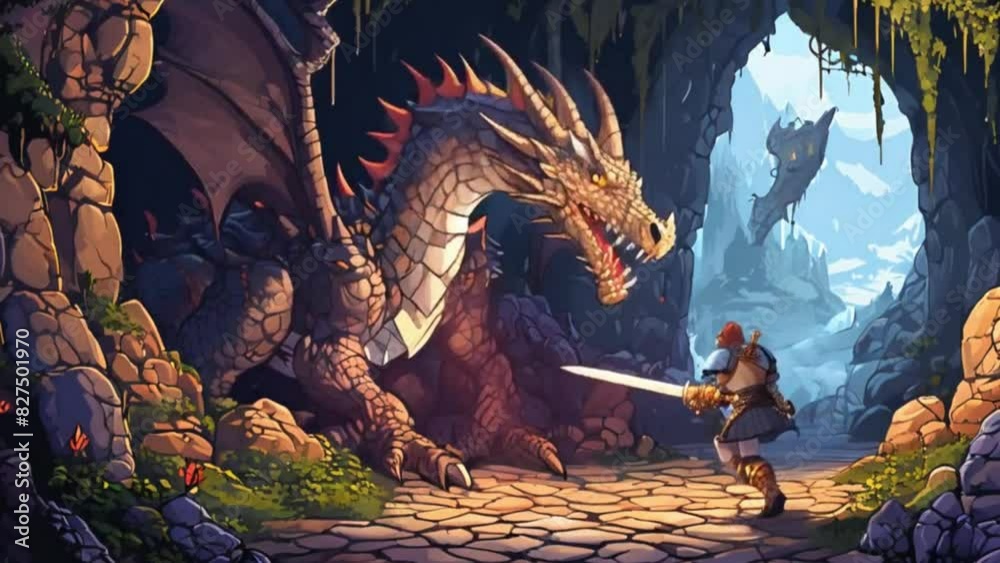 An animation illustrating a brave knight entering a dragon's lair, with ...