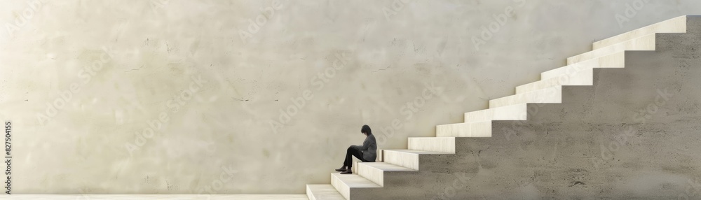 Grand staircase with collapsing steps, a person falling down, isolated ...