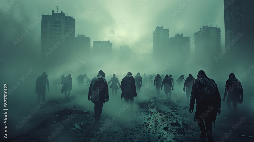 A zombie apocalypse scene in a deserted city with eerie silence, mist ...