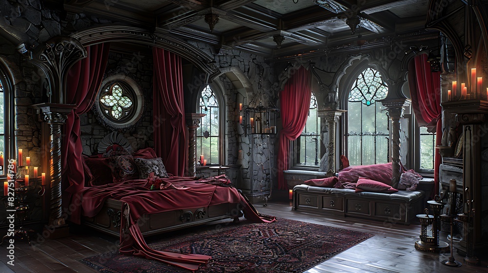 A hyper-realistic Gothic Revival bedroom, dark mahogany canopy bed with ...