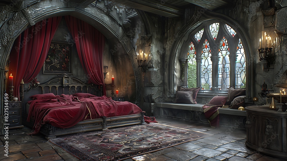 A hyper-realistic Gothic Revival bedroom, dark mahogany canopy bed with ...