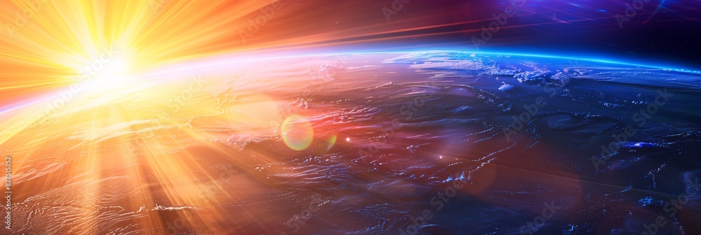 Sunrise over Earth from space background with copy space, concept of global unity and future ...